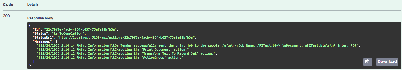 Example For Bartender Rest Api Print Action Using Transformtexttorecordsetaction Seagull 